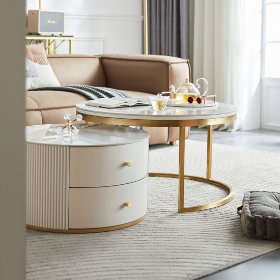 Modern White Coffee Tables Round Set Of 2 With Marble Top LS992L1-A ...