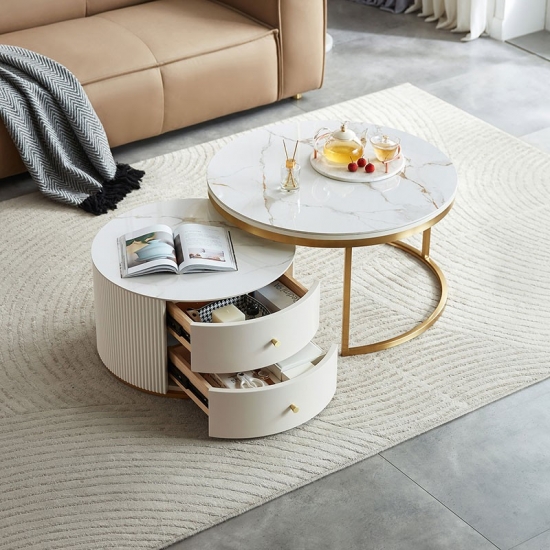 Modern White Coffee Tables Round Set Of 2 With Marble Top LS992L1-A ...