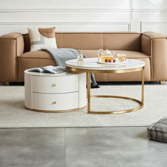Modern White Coffee Tables Round Set Of 2 With Marble Top LS992L1-A ...